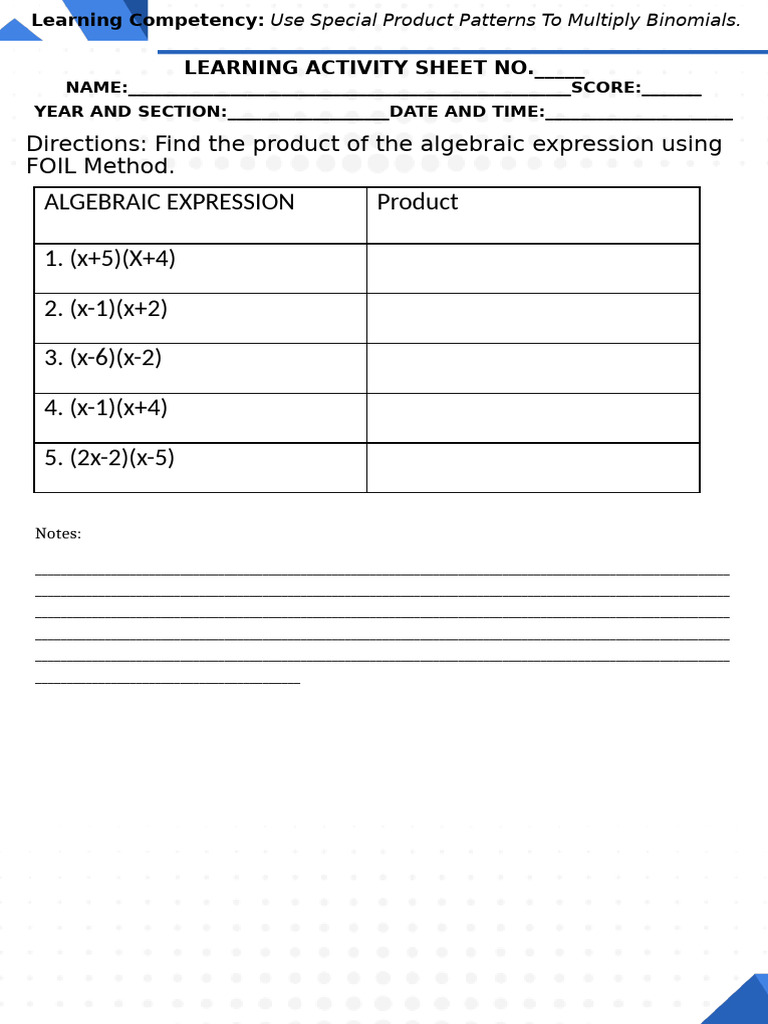 Multiply Binomials Using FOIL Method | PDF
