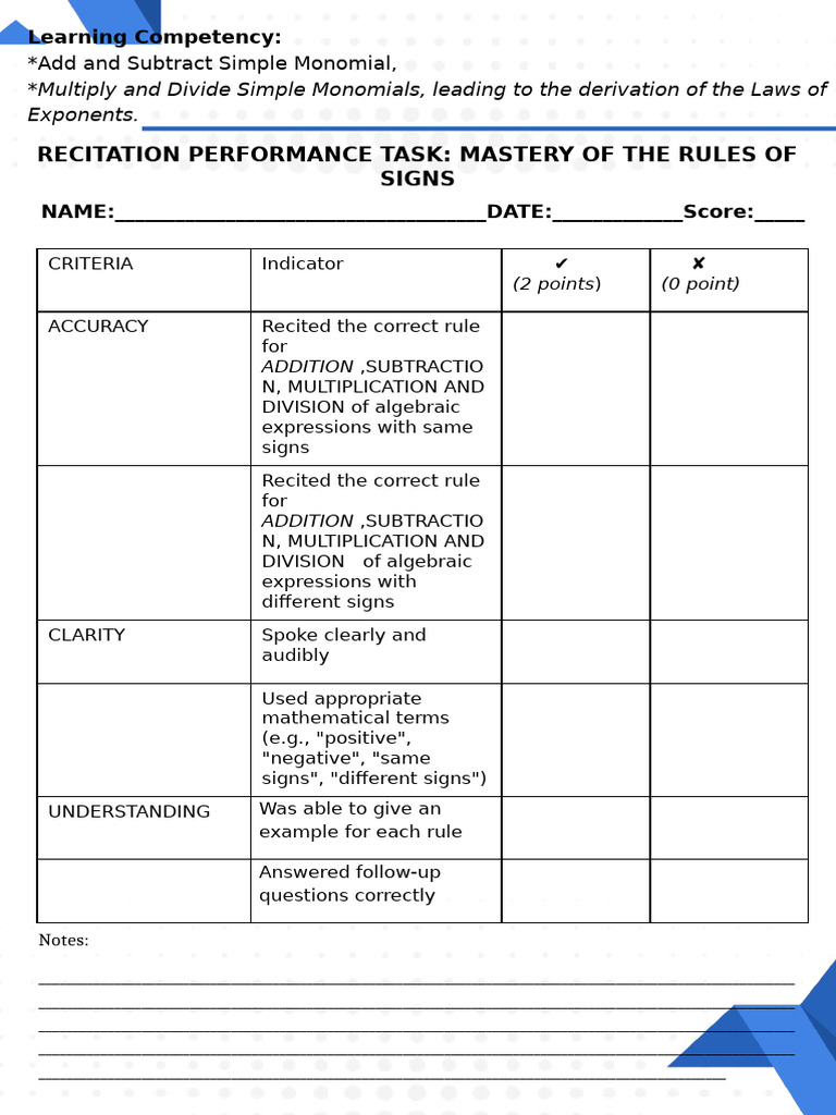 Recitation Performance Task Mastery of The Rules of Sign | PDF