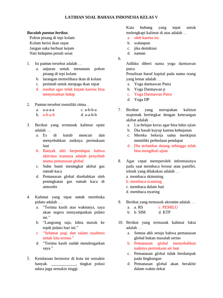 Latihan Soal Bahasa Indonesia Kelas V | PDF