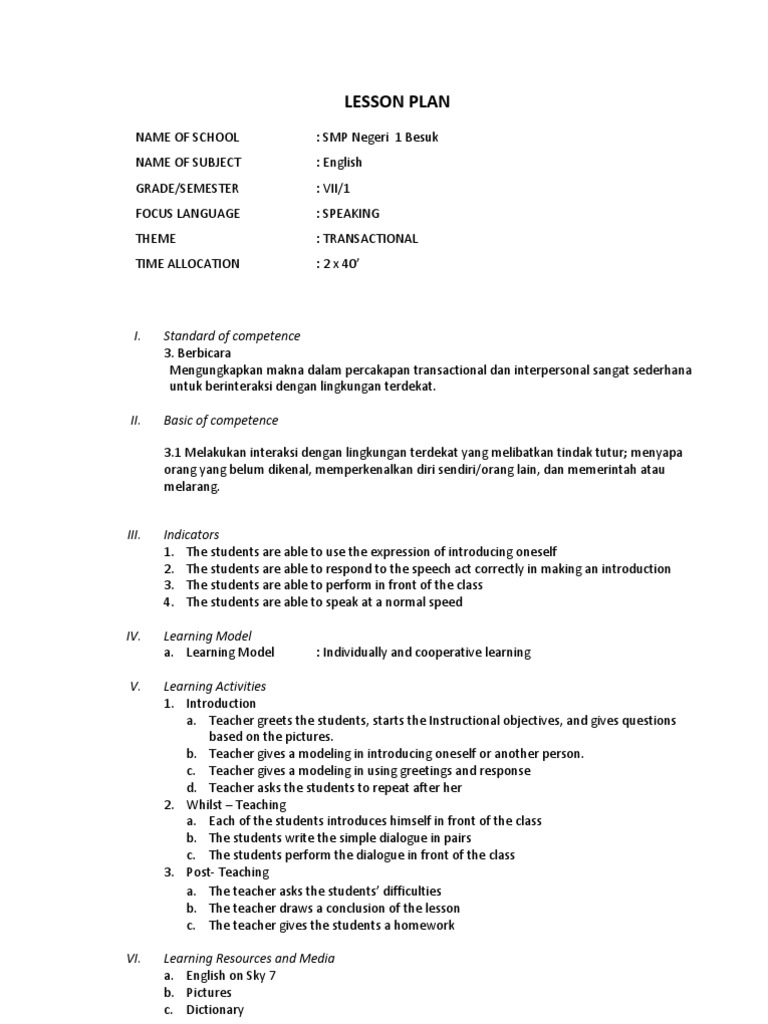 Lesson Plan: I. Standard of Competence | PDF | Lesson Plan | Human ...