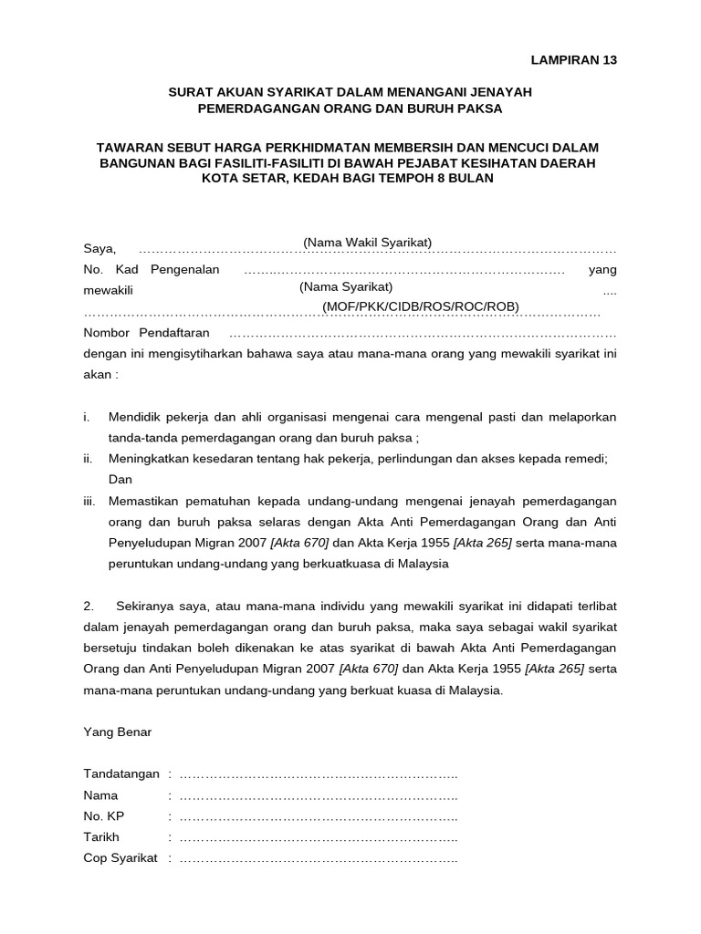 Surat Akuan Syarikat Dalam Menangani Jenayah Pemerdagangan Orang Dan ...