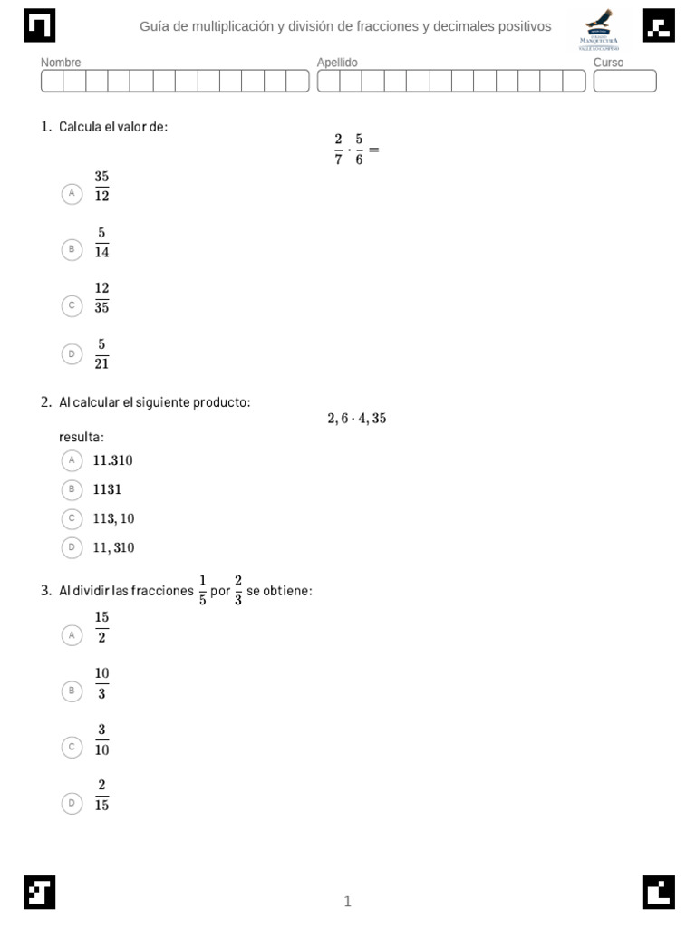 Guía de operaciones con fracciones y decimales | PDF | Multiplicación ...