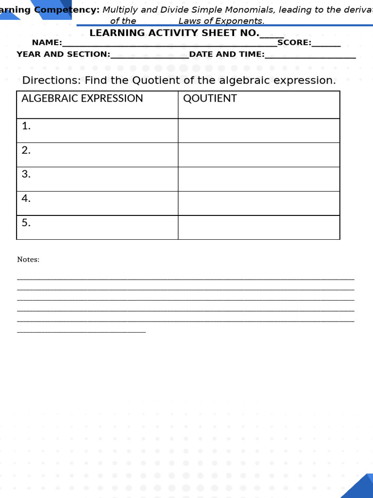 Monomial Division and Exponents Laws | PDF
