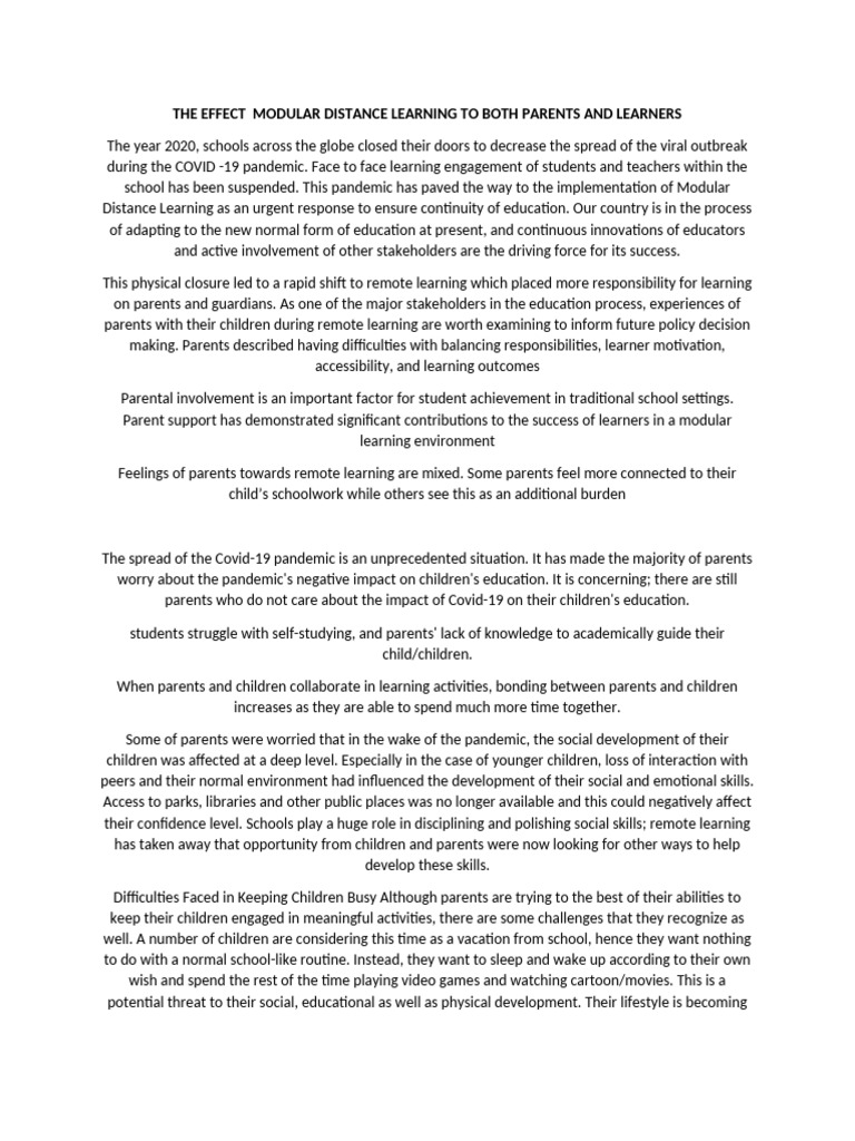 Impact of Modular Distance Learning on Parents and Students | PDF ...