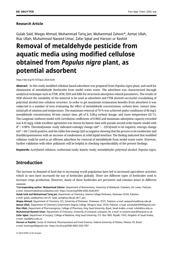 Metaldehyde Removal Using Modified Cellulose | PDF | Adsorption ...
