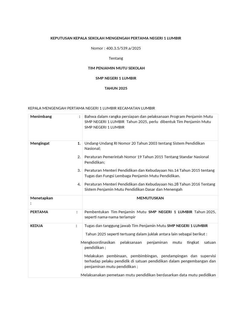 Pembentukan Tim Penjamin Mutu SMP 2025 | PDF