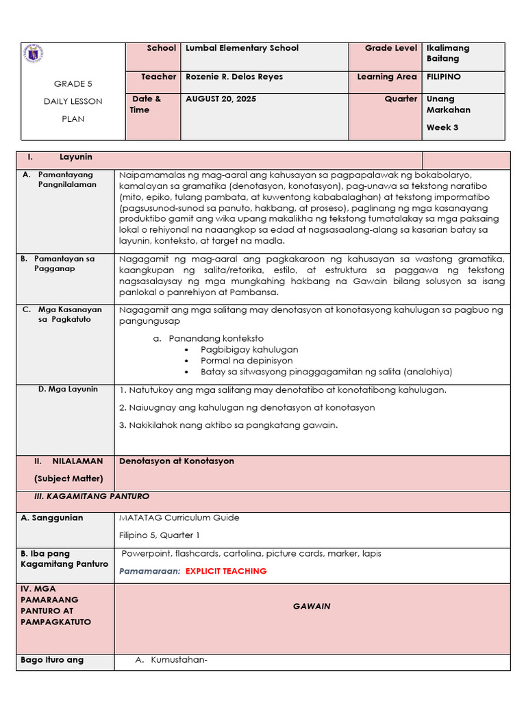 Cot Filipino 5 q1 w3 | PDF