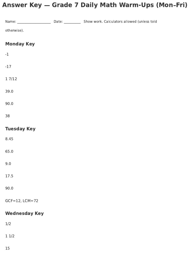 Grade7 Daily Math Warmup Answer Key | PDF