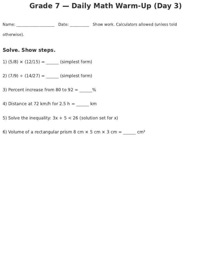 Grade 7 Daily Math Warm-Up Day 3 | PDF