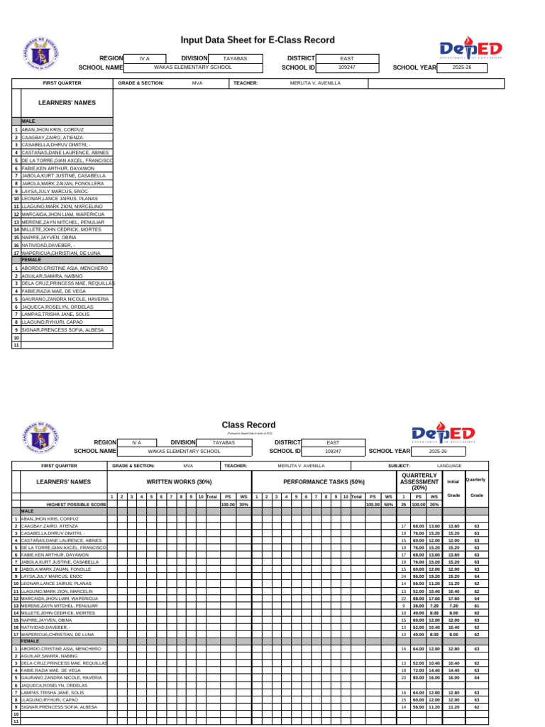 Wakas Elementary School Class Record | PDF | Pedagogy | Reading (Process)