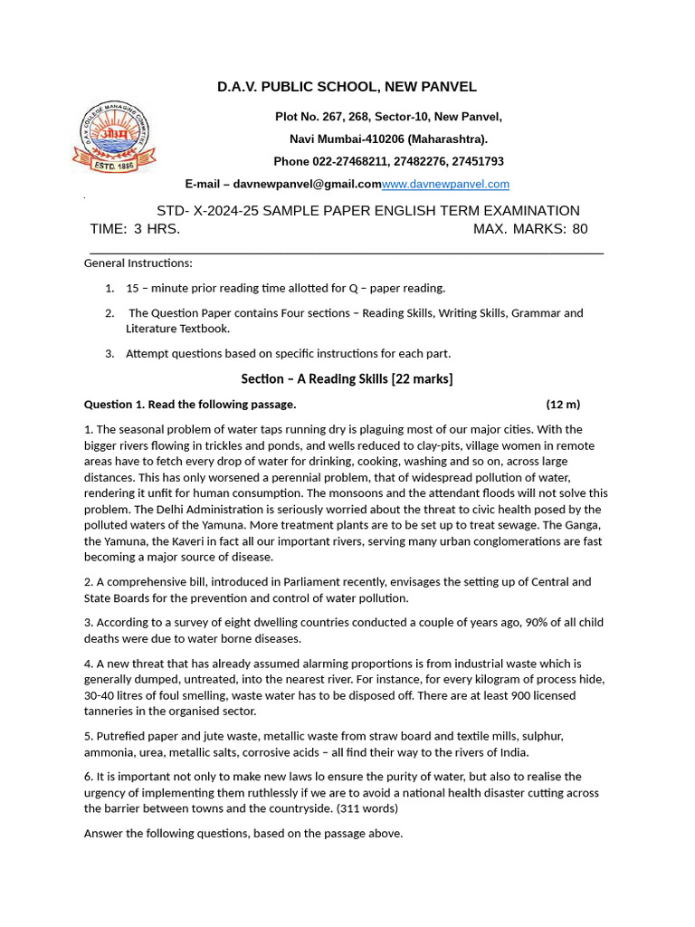 Sample English Exam Paper for Class X | PDF | Waste | Water