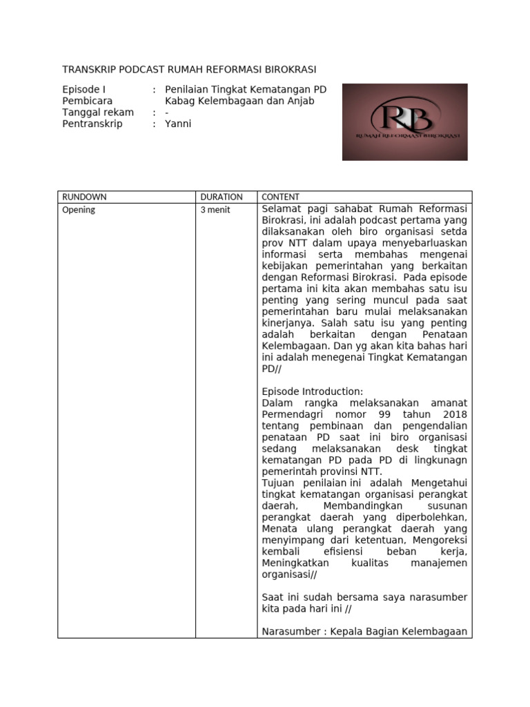 Transkrip Podcast Rumah Reformasi Birokrasi | PDF