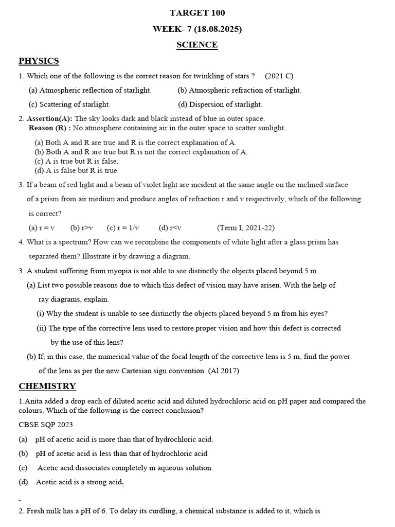 Target 100 Week - 7 Science | PDF | Refraction | Light