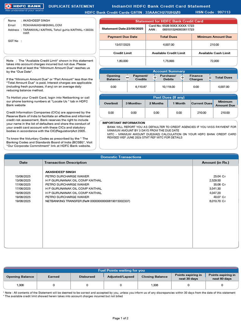 HDFC Bank Credit Card Statement Summary | PDF | Credit Card | Banks