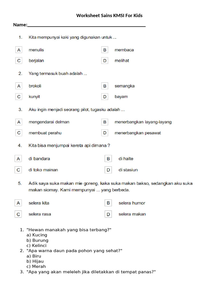 Worksheet Sains Anak KMSI | PDF