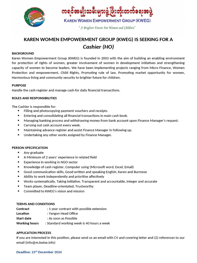 Job Advertisement For Cashier Position HO 2 | PDF