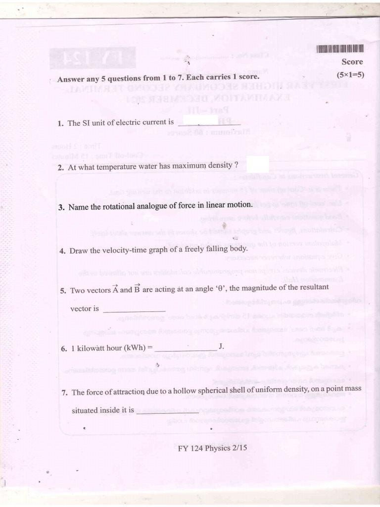 Hsslive Xi Physics QP Dec 2024 | PDF | Force | Mechanics