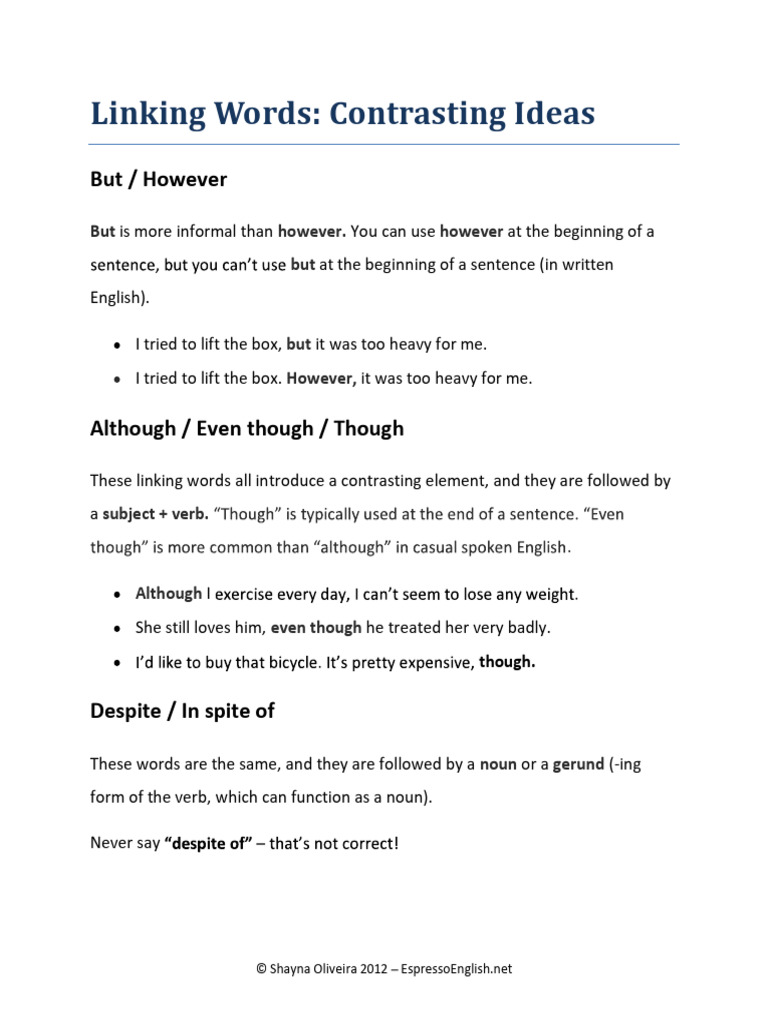 Linking Words Contrasting Ideas | PDF | Verb | Subject (Grammar)