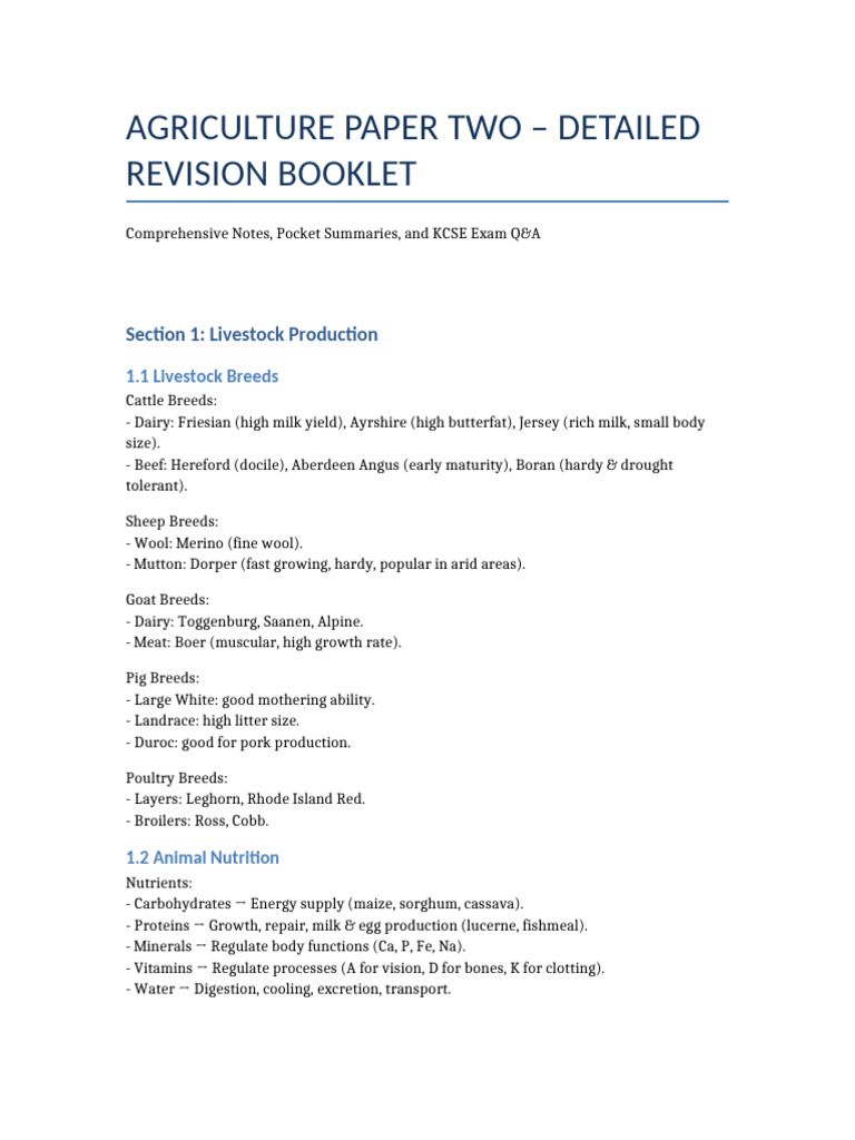 Agriculture Paper 2 Revision Notes | PDF | Livestock | Milk