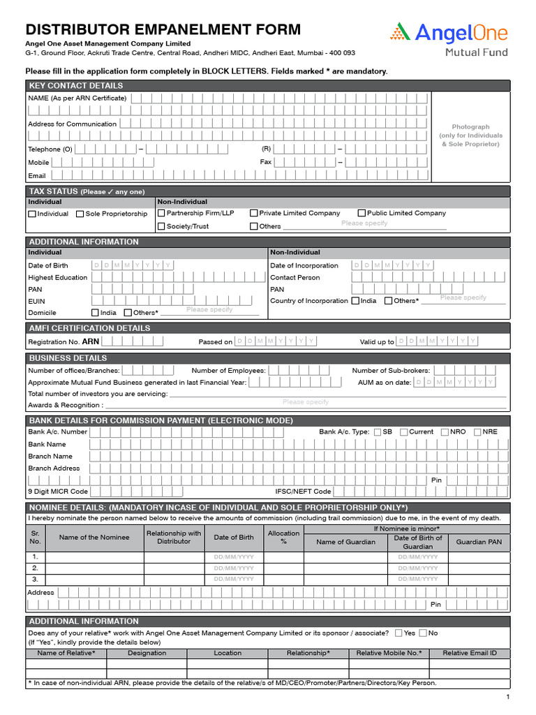 Angel One Distributor Empanelment Form | PDF | Indemnity | Contractual Term