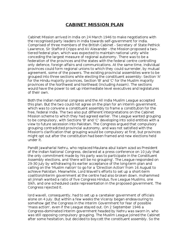 Cabinet Mission Plan | PDF | South Asia | Independent India
