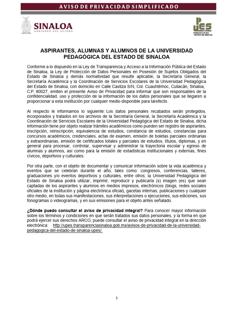 Aviso de Privacidad UPES Sinaloa | PDF | Privacidad