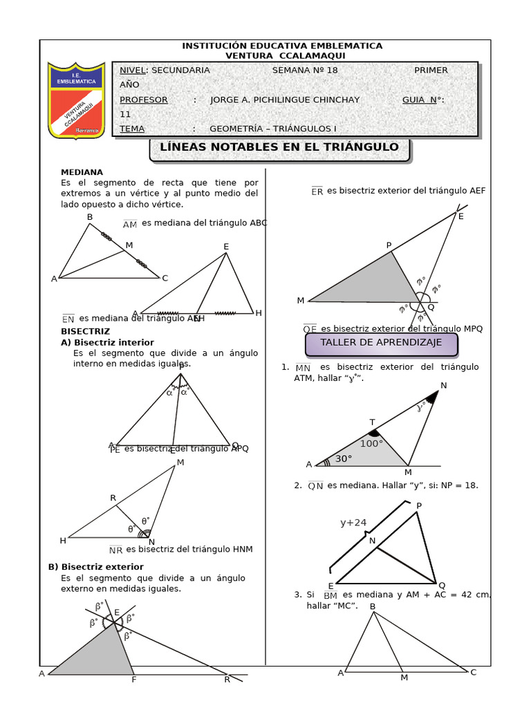 Guía #11 - 1º Año - Lineas Notables en Triángulos - Problemas | PDF ...