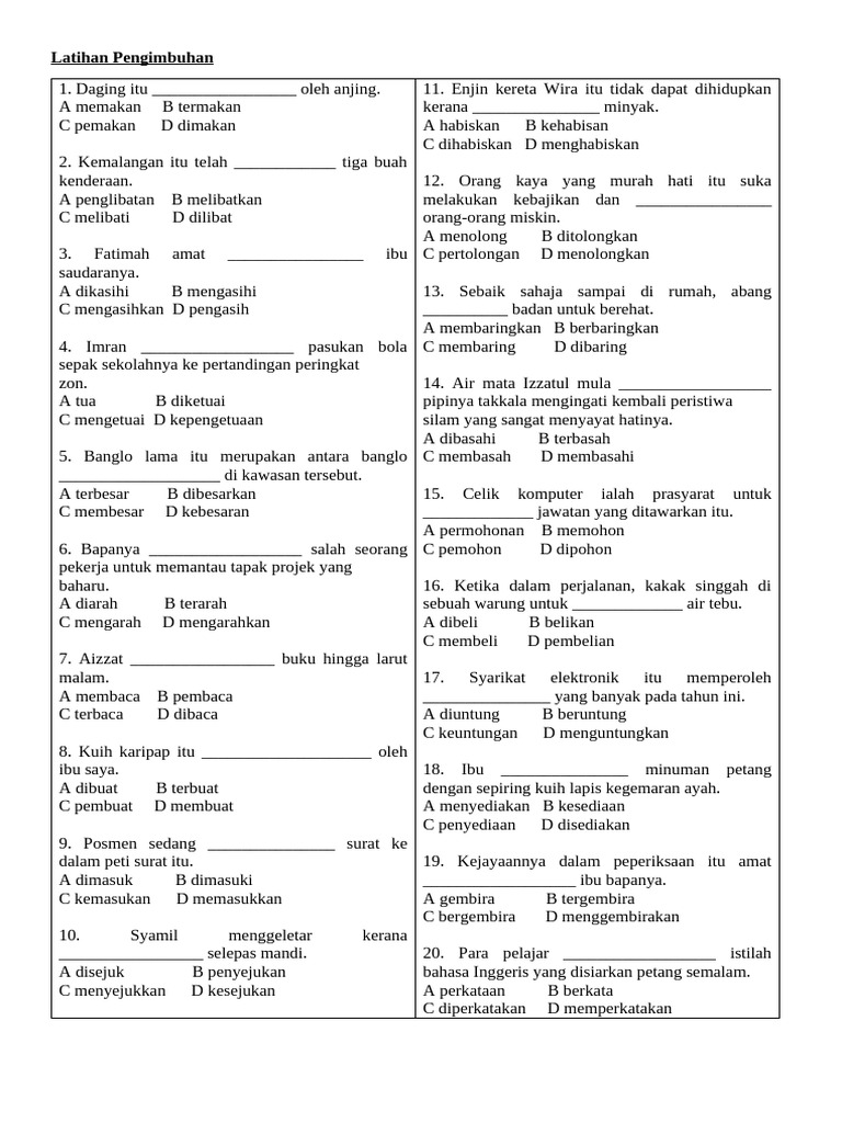 Latihan Pengimbuhan Bahasa Melayu | PDF