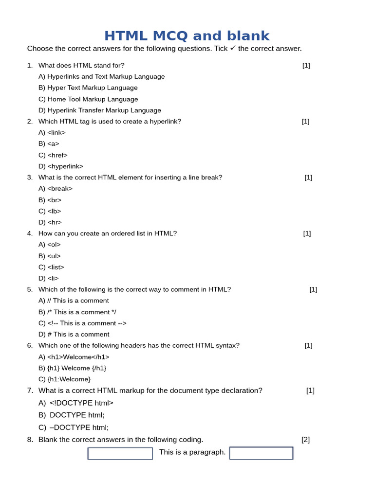 HTML MCQ and Blank | PDF