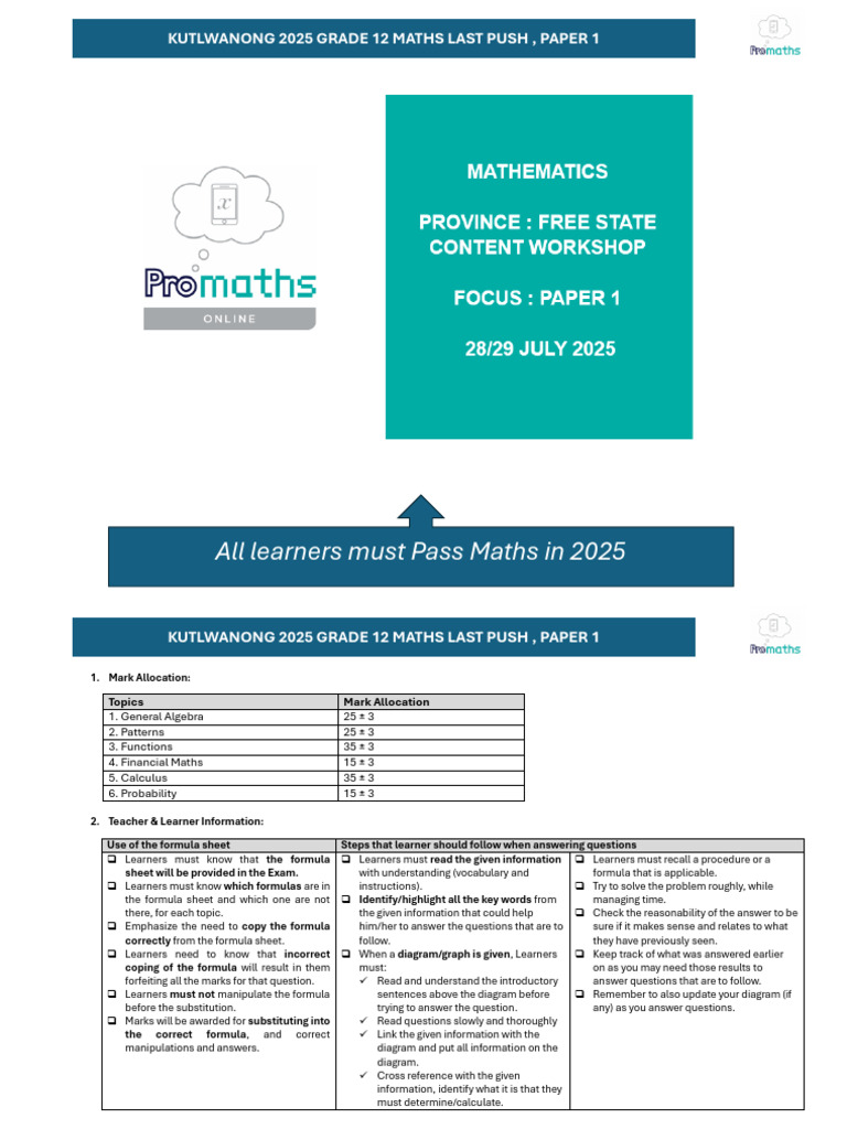 Kutlwanong - Promaths 2025 Mathematics Paper 1 Last Push (FS) | PDF ...