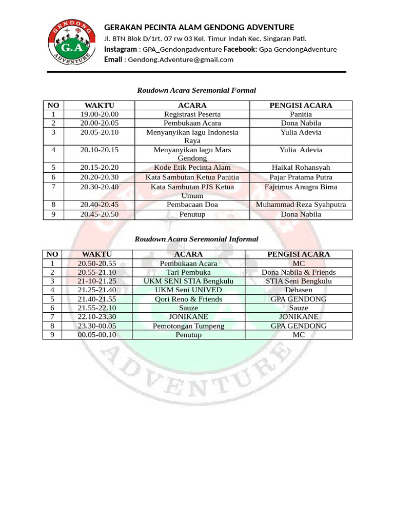 Rundown Acara Gendong Adventure 2023 | PDF