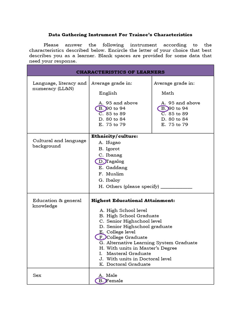 DCR - Data Gathering Instrument For Trainee's Characteristics | PDF ...