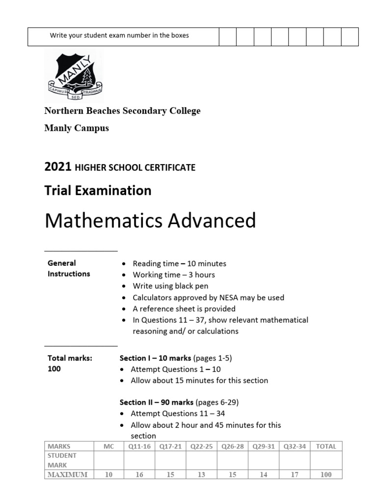 Manly HSC Trial Exam: Mathematics Advanced | PDF | Mathematical ...