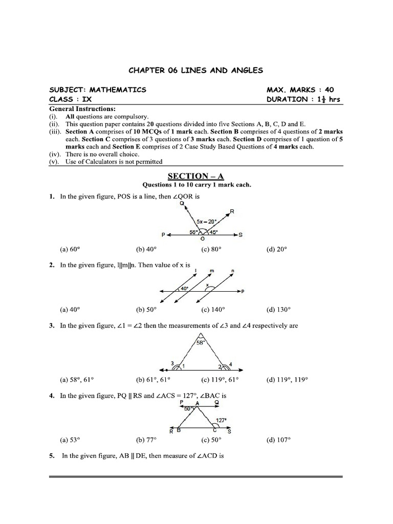 Maths Class Ix Chapter 06 Lines and Angles Practice Paper QP | PDF
