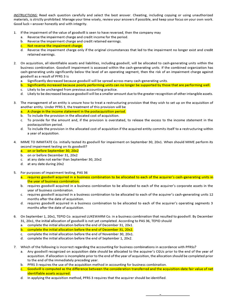 Goodwill Impairment and Accounting Exam | PDF | Goodwill (Accounting ...