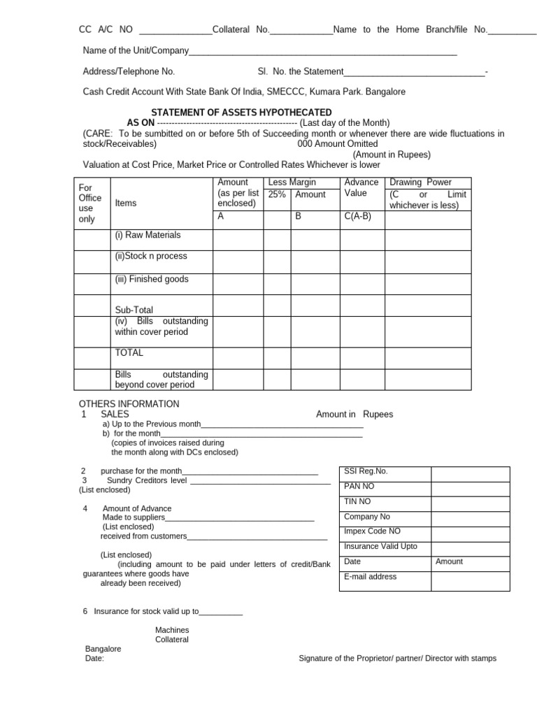 Stock Statement Format for SBI CC Account | PDF | Stocks | Banks