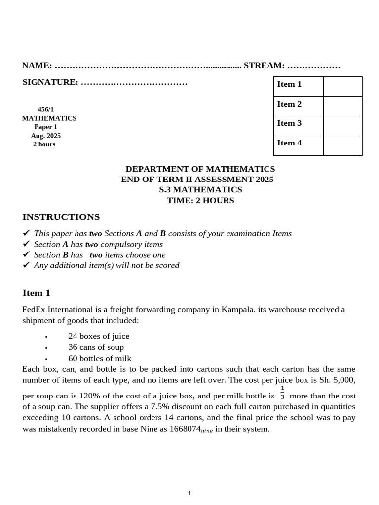 S.3 Mathematics End of Term Assessment | PDF
