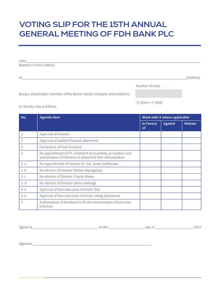 FDH Bank PLC Voting Slip 15th AGM | PDF