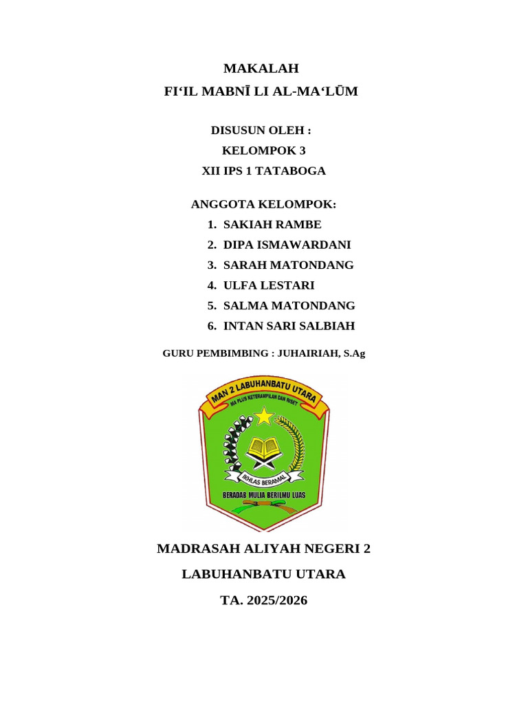 Fi'il Mabnī Li Al-Ma'lūm dalam Bahasa Arab | PDF