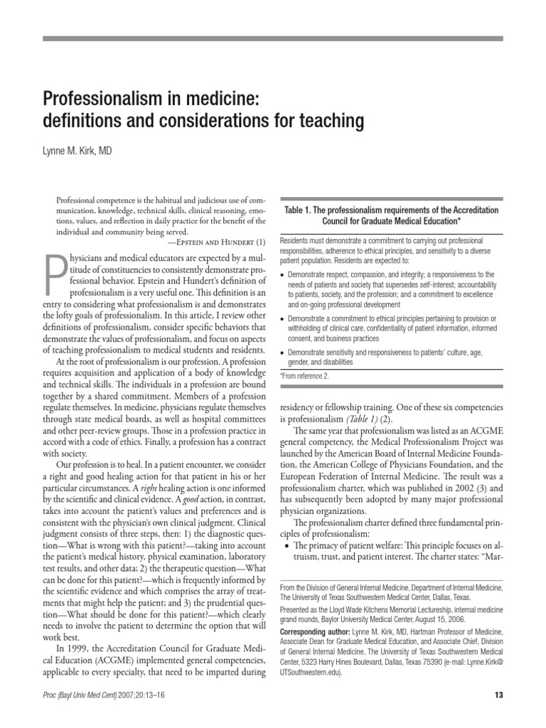 Professionalism in Medicine - Definitions and Considerations For ...