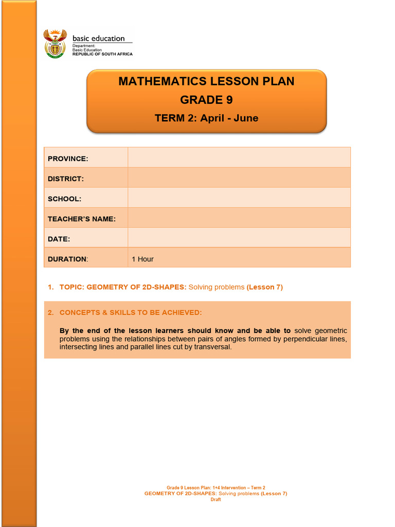 Grade 9 Geometry Lesson Plan: Angles | PDF | Equations | Line (Geometry)