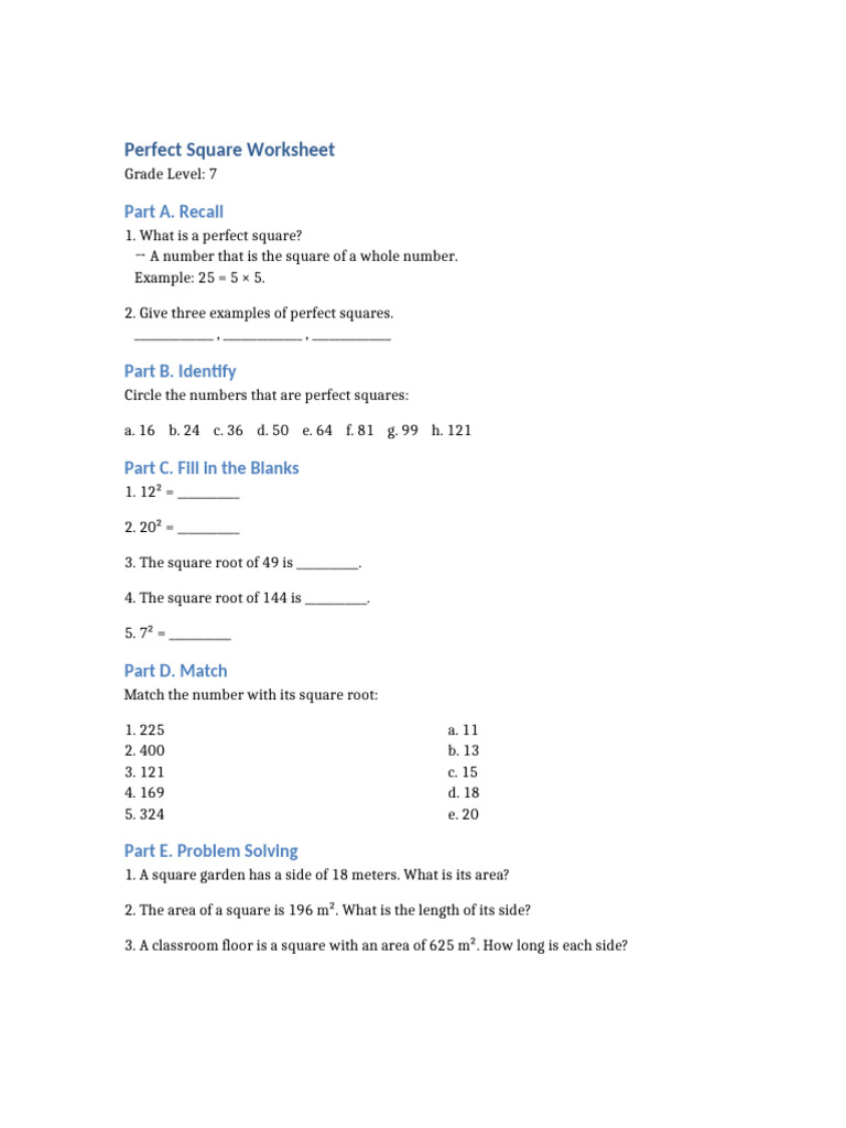Grade 7 Perfect Square Worksheet | PDF