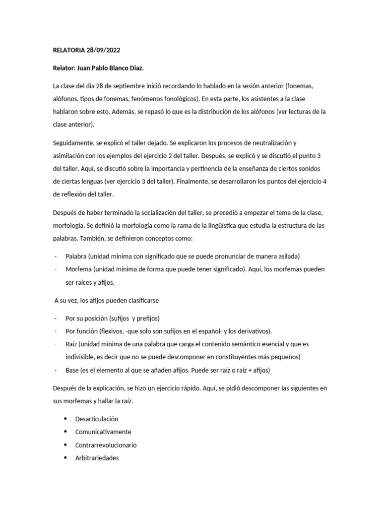 (2-3) Relatoría de Clase Septiembre 28 - Morfología | PDF | Morfología (Lingüística) | Palabra
