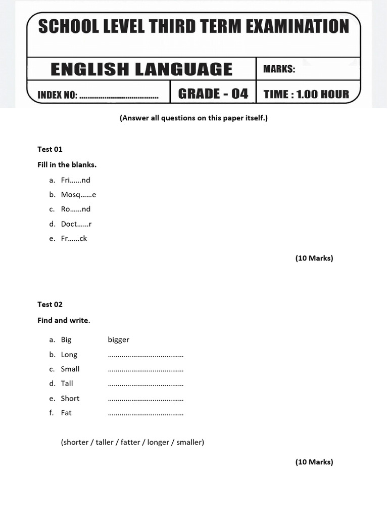 Grade 4 Third Term Exam Paper 2024 | PDF