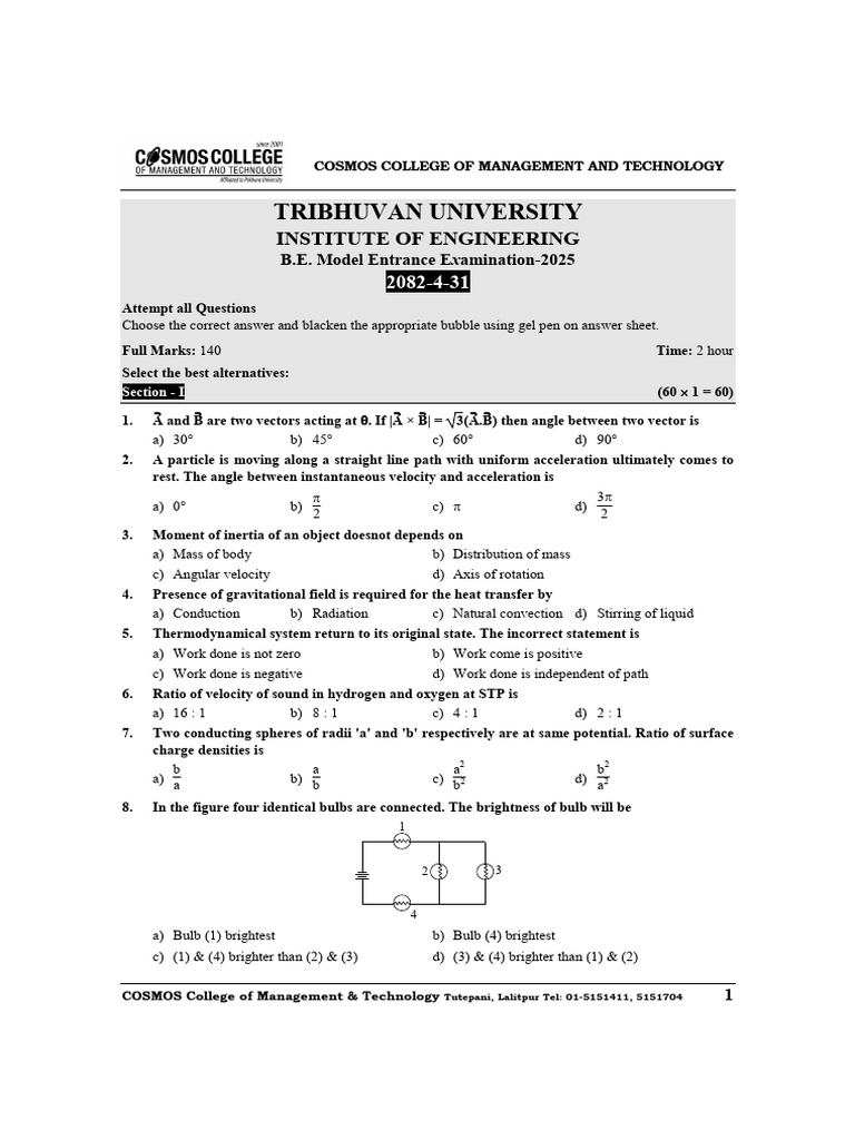 PEA (Engineering) Weekly Mock Test - Questions - 31st of Shrawan 2082 ...