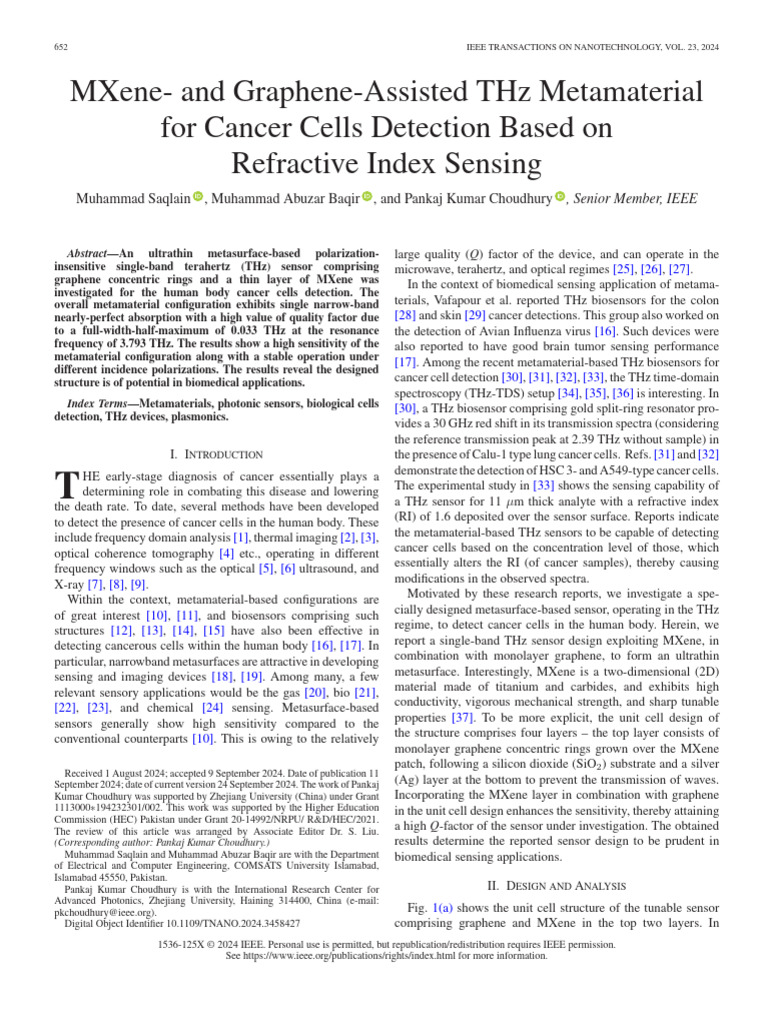 MXene- And Graphene-Assisted THz Metamaterial for Cancer Cells Detection Based on Refractive ...
