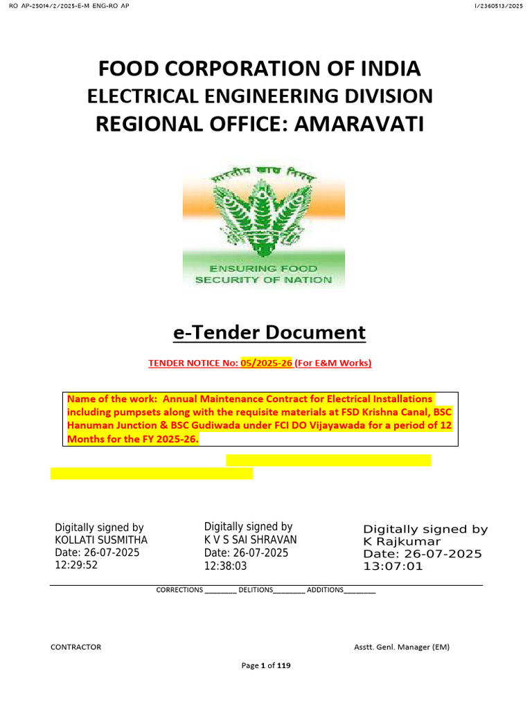 FCI Electrical Maintenance Tender 2025-26 | PDF | Legal Tender ...