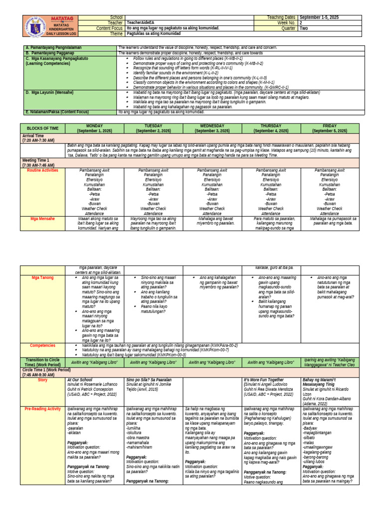 Kinder DLL - Quarter 2. Week 2.matatag Curriculum | PDF