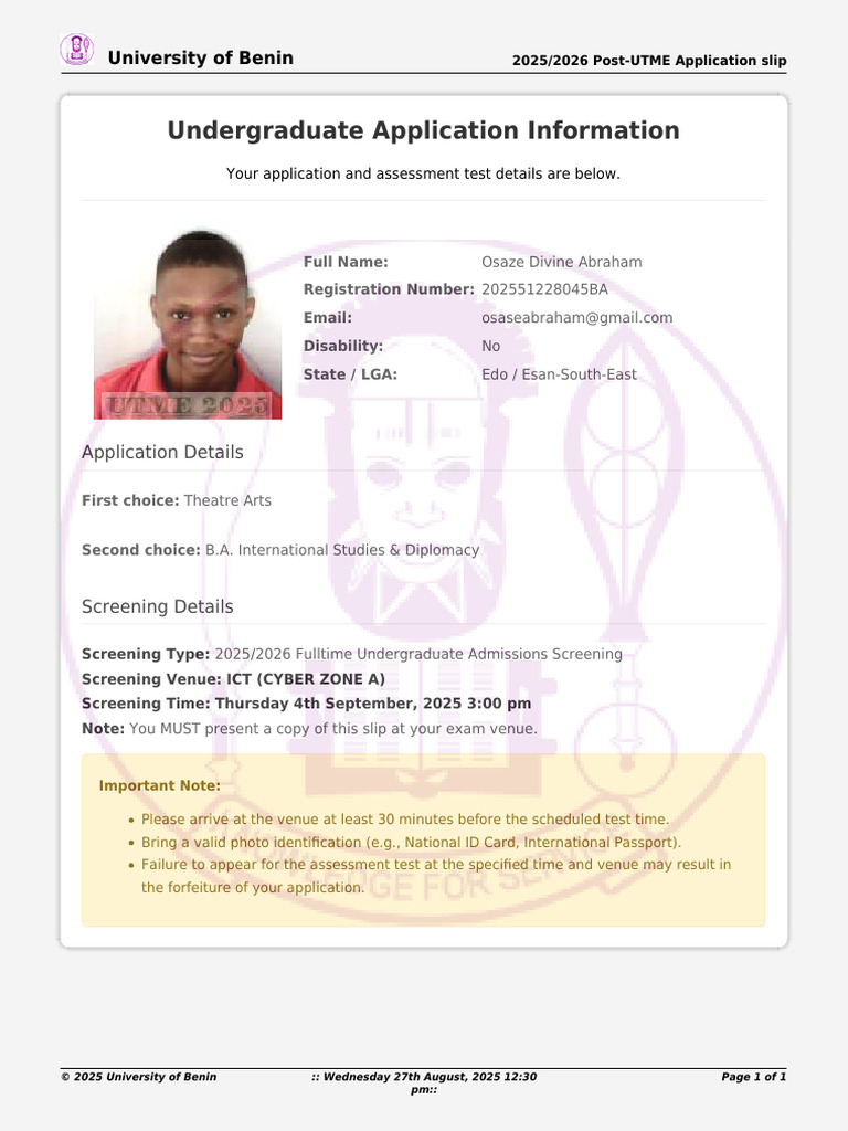 2025 - 2026 Post-UTME Application Slip | PDF
