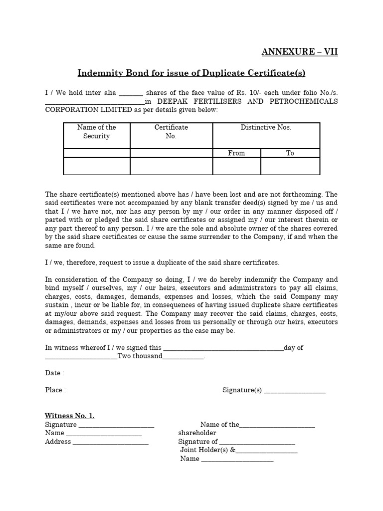 Indemnity Bond For Issue of Duplicate Certificates | PDF | Indemnity ...